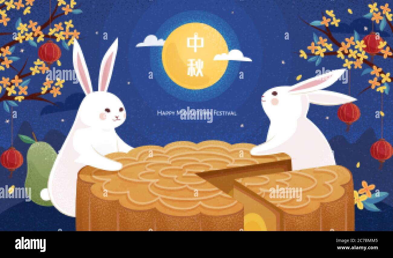 Adorable rabbits enjoying the giant cantonese mooncake, Chinese ...