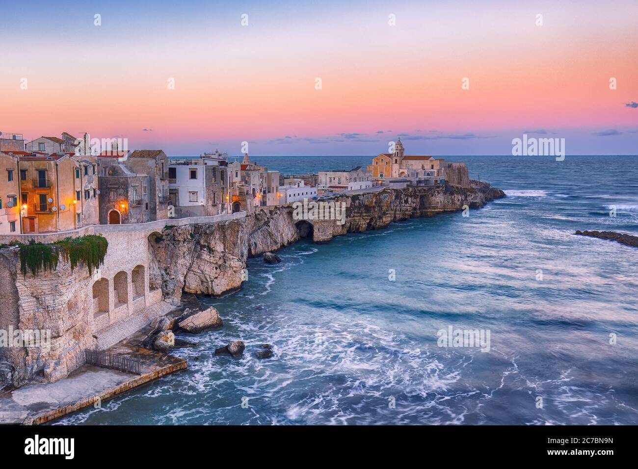 Vieste - beautiful coastal town on the rocks in Puglia. The church of ...