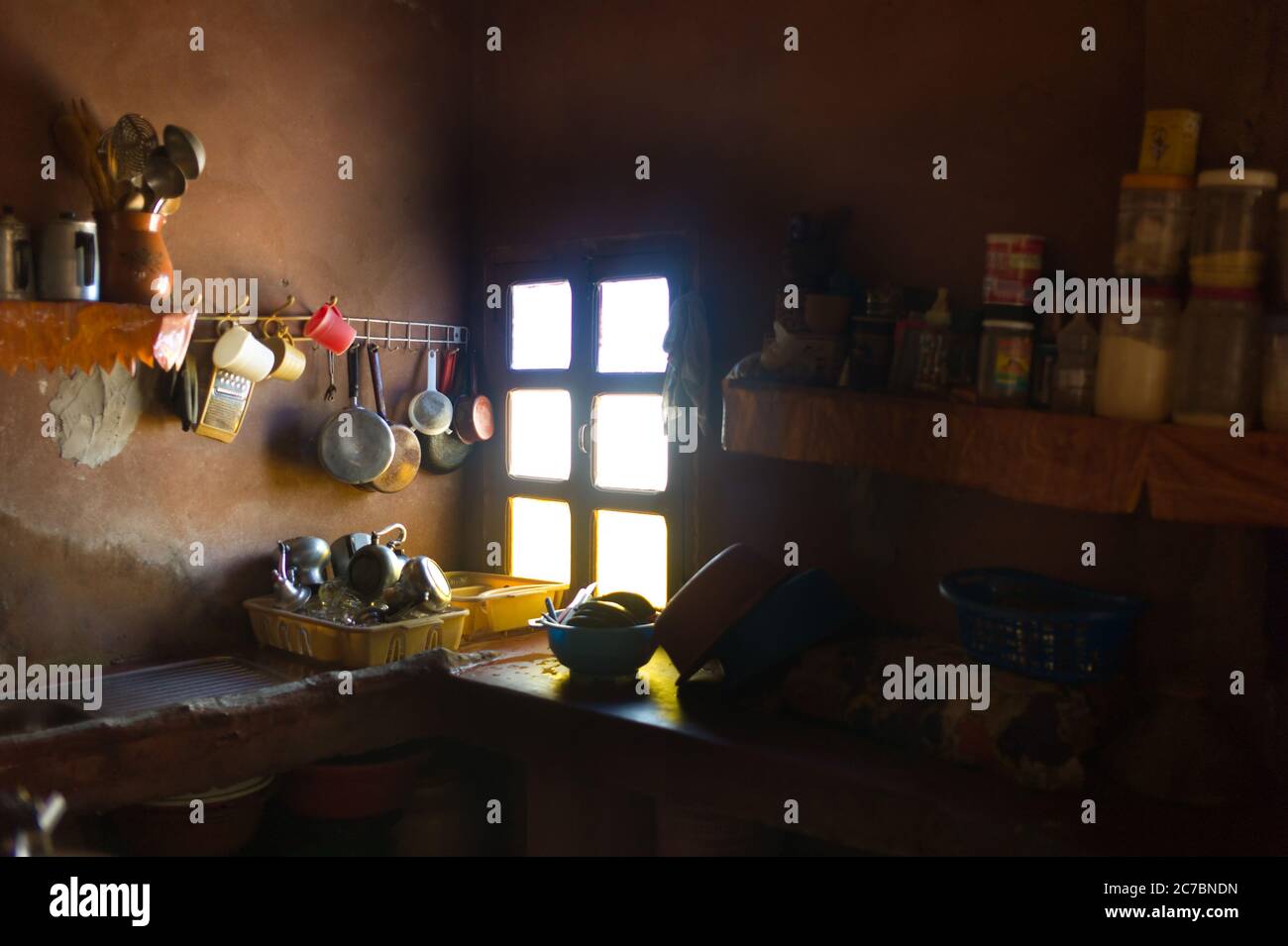 Interior of a traditional kitchen in a hut in Morocco with pots and ...