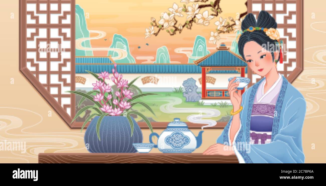 Ancient Chinese girl sitting by window and enjoying a cup of hot tea ...
