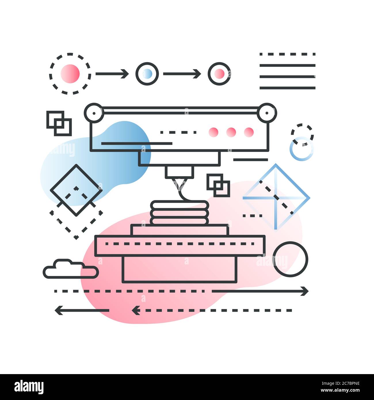 3D printing, scanning modelling process vector concept in trendy line ...