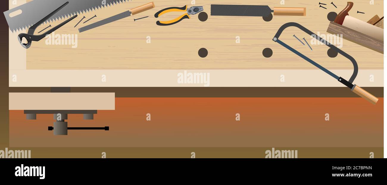 Craft table, carpentry workbench for the workshop. View from above ...