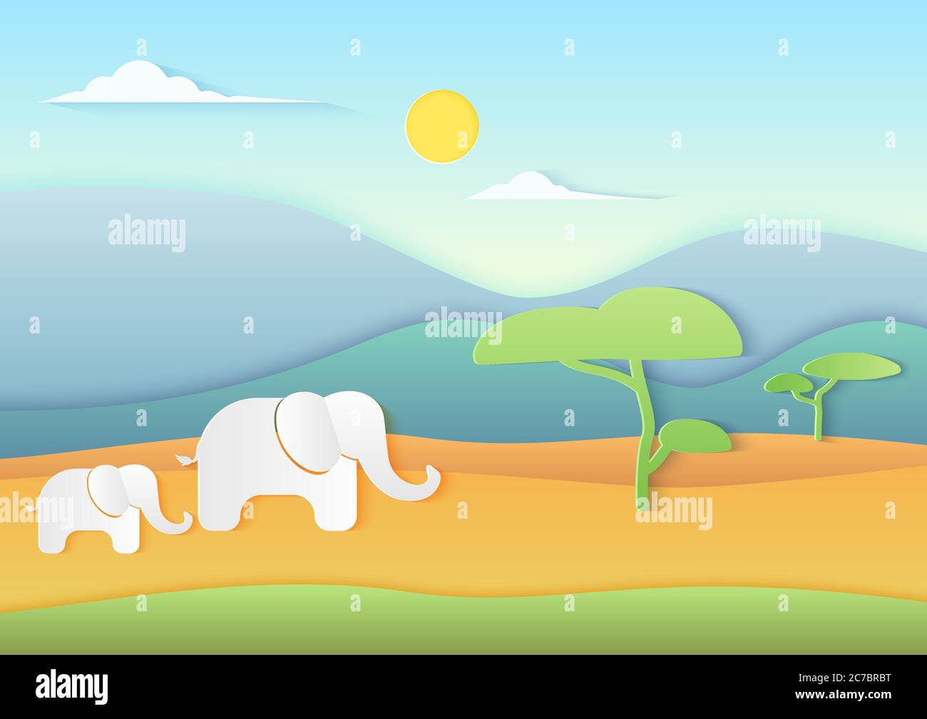 African savannah landscape with Elephants, mountains and trees. Trendy ...