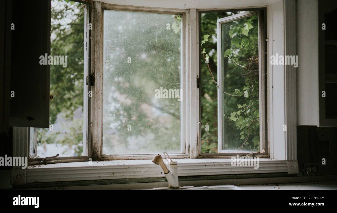 Selective shot of a dirty beige opened kitchen window with the view of ...