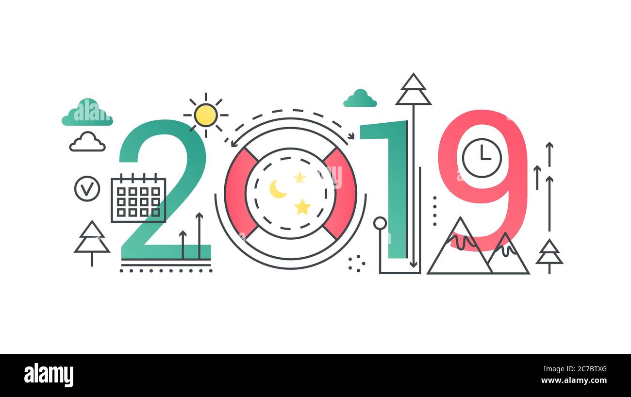 Weekend 2019 word trendy composition concept banner. Outline stroke ...