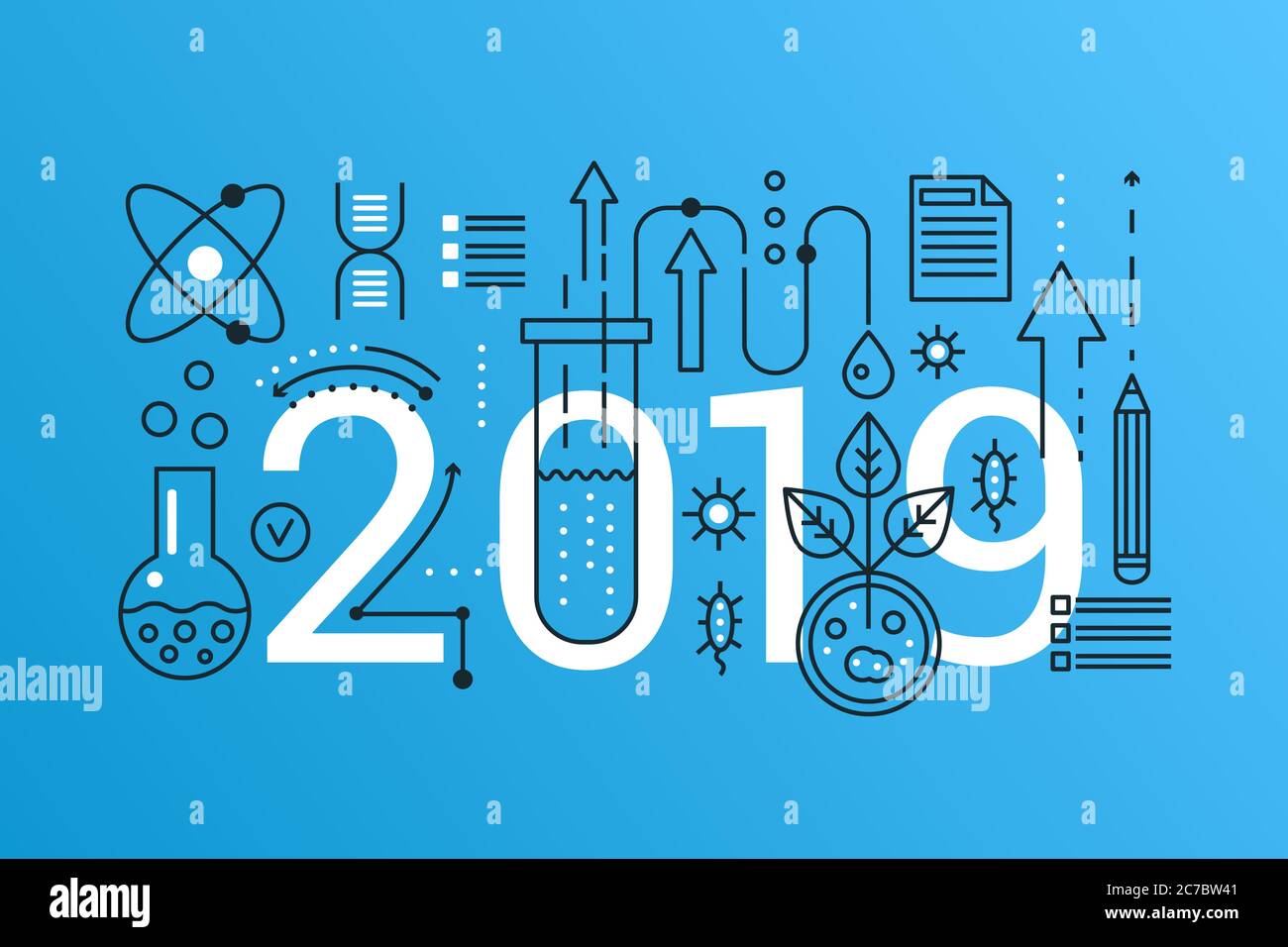 Science 2019 word trendy composition concept banner. Outline stroke ...