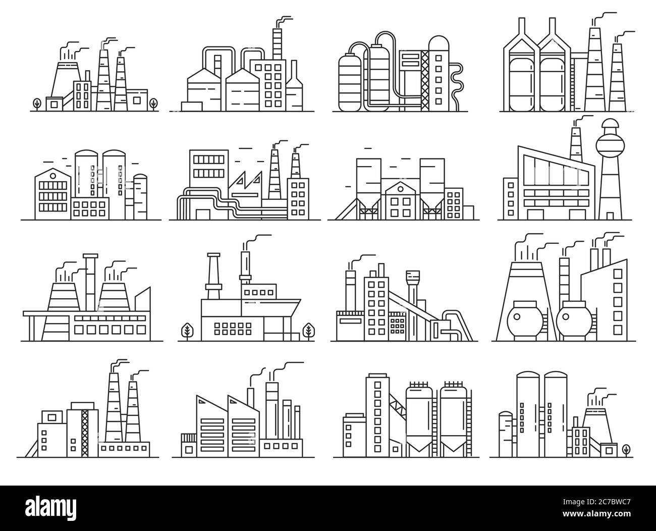Factory building line style set. Indistrial construction and commercial ...