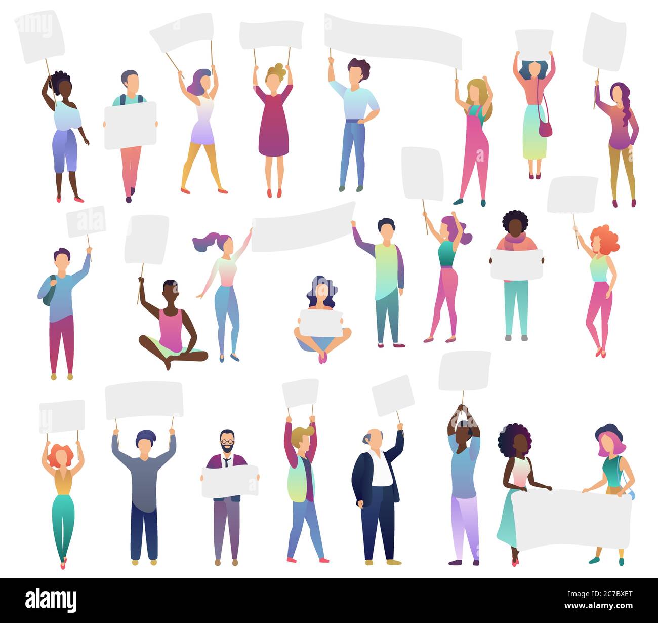 Cheering protesting people crowd holding banners set isolated Stock ...