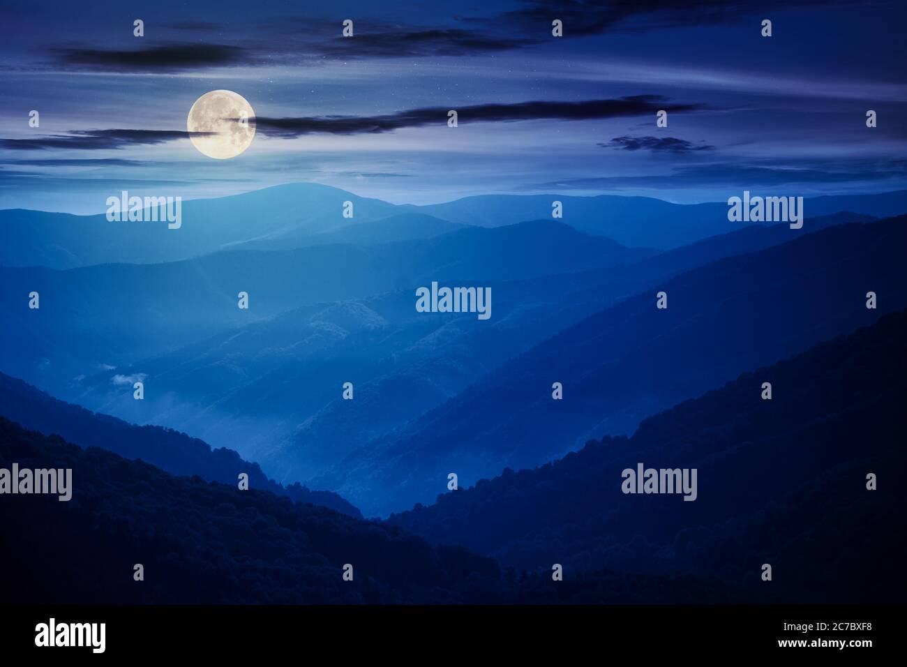 mountain landscape on a summer night. hills rolling from the valley up ...