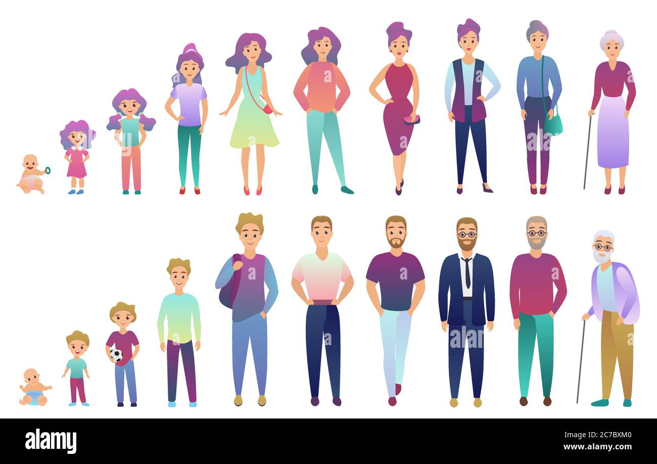 People male and female aging process. From baby to elderly person ...