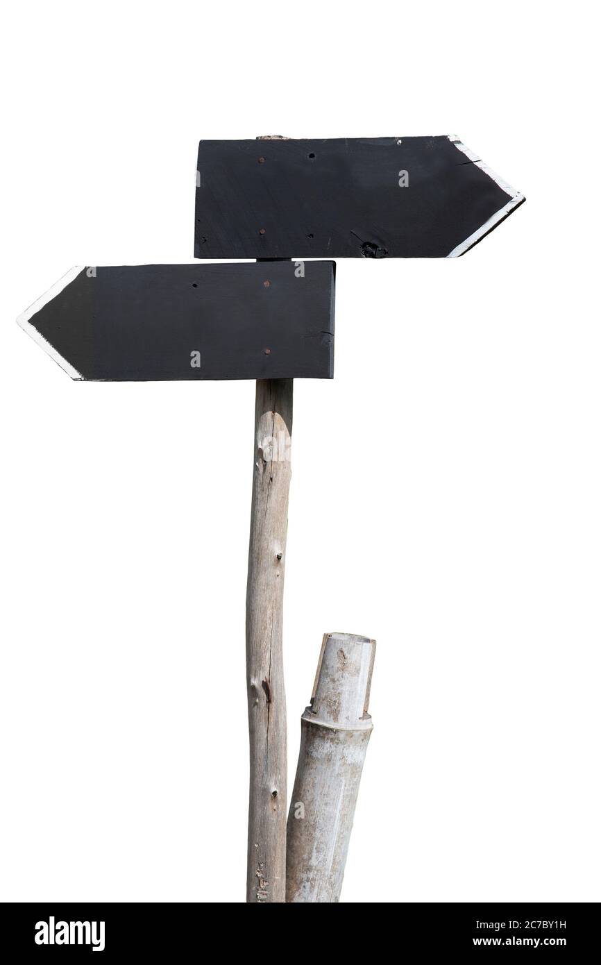 Two handmade signposts made by wood and bamboo on white background ...