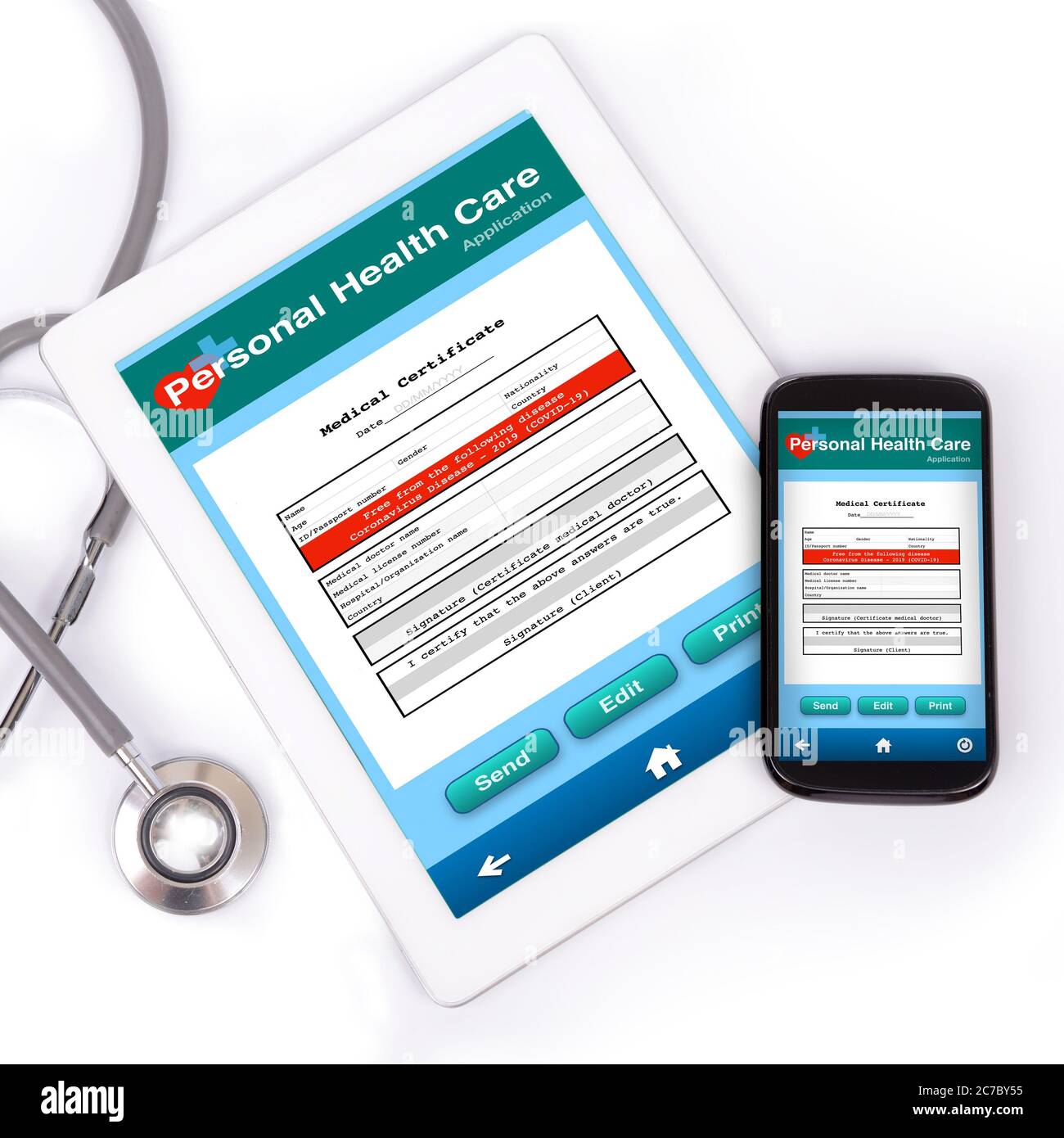Personal health care application showing covid-19 medical certificate ...