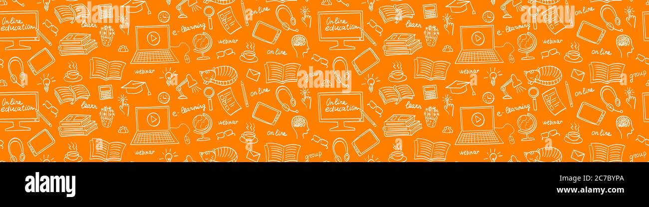 Online education hand drawn seamless web banner. E-learning doodles on ...