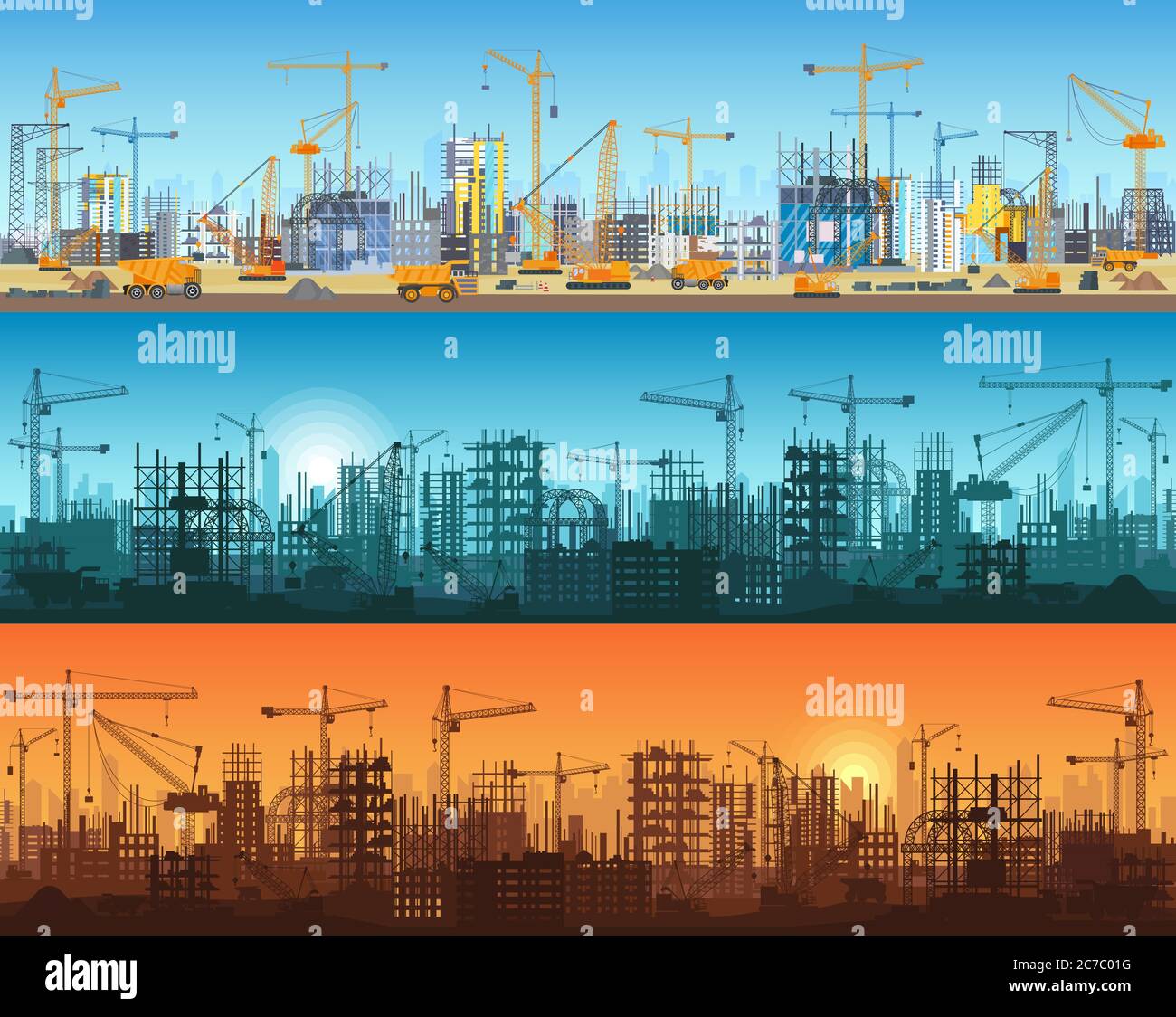 Horizontal banner of city or website construction. Tractors, grader ...