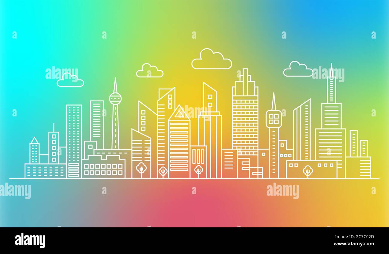 Modern outline line city skyscrapers on the trendy vector gradient mix ...