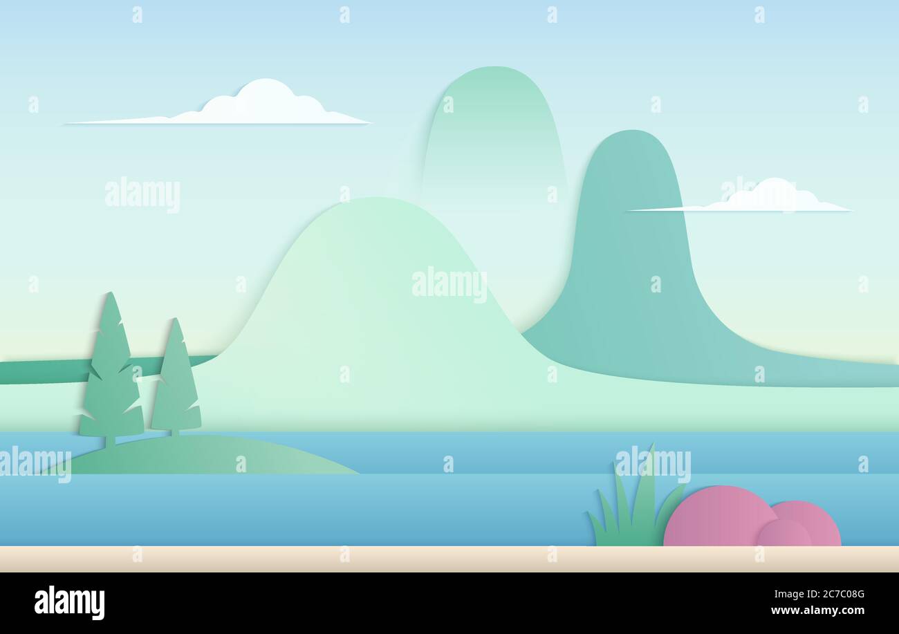 Vector trendy gradient color nature illustration. Mountains with river ...