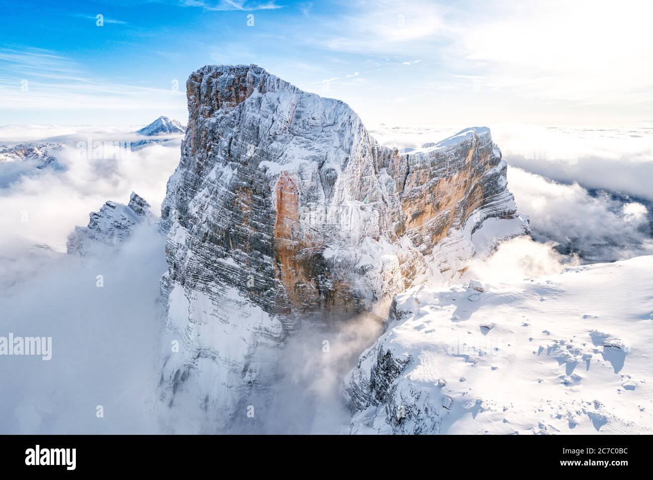 Aerial view of the majestic Monte Pelmo in winter, Dolomites, Belluno ...