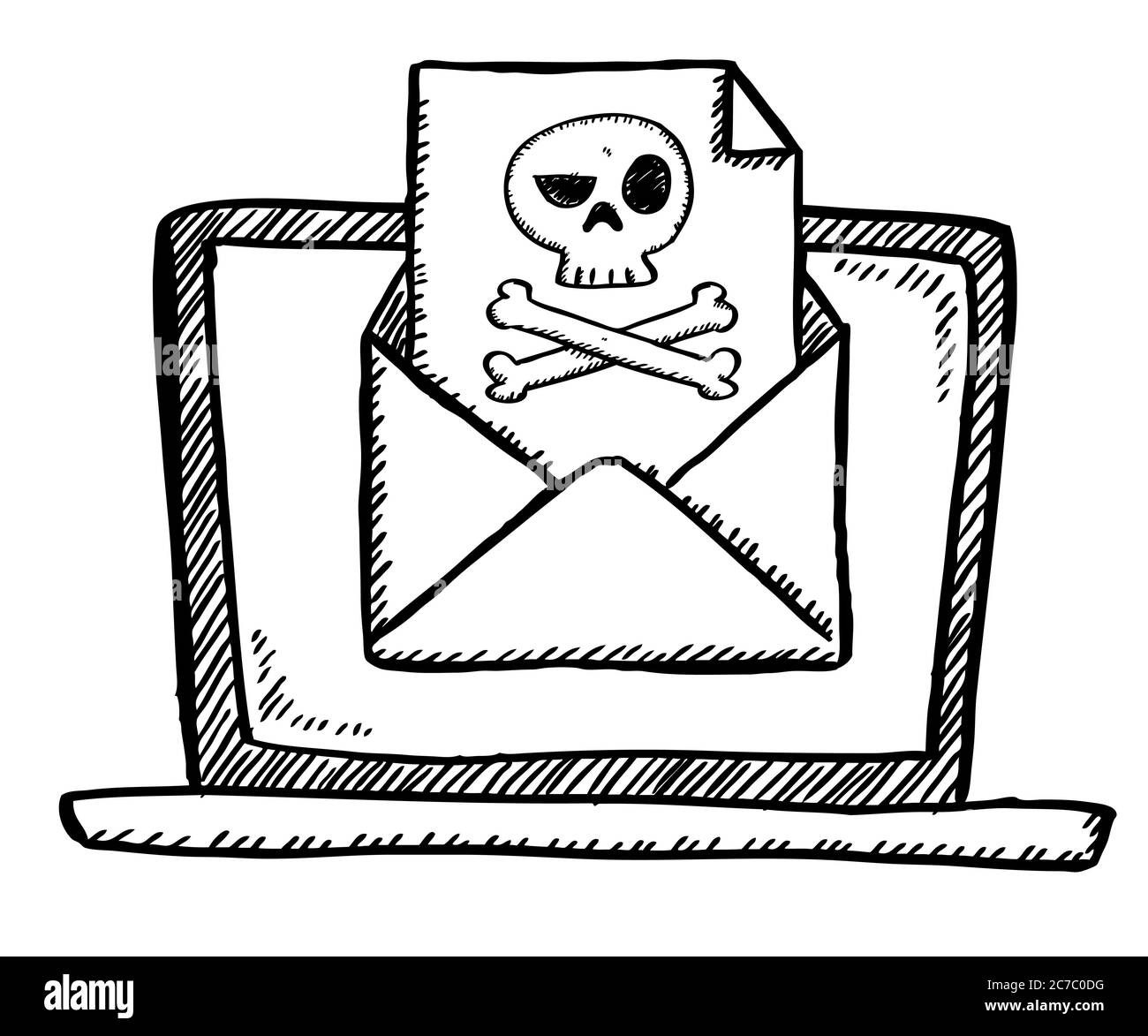 Cartoon style doodle of notebook with opened virus email. Hand drawn ...