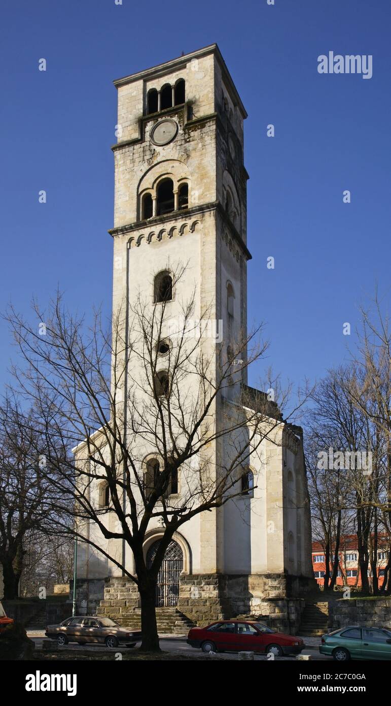 Church of St. Antun – clock tower (Sahat kula) in Bihac. Bosnia and ...