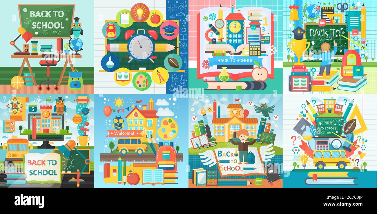 Vector collection of flat school education design concepts. Square ...