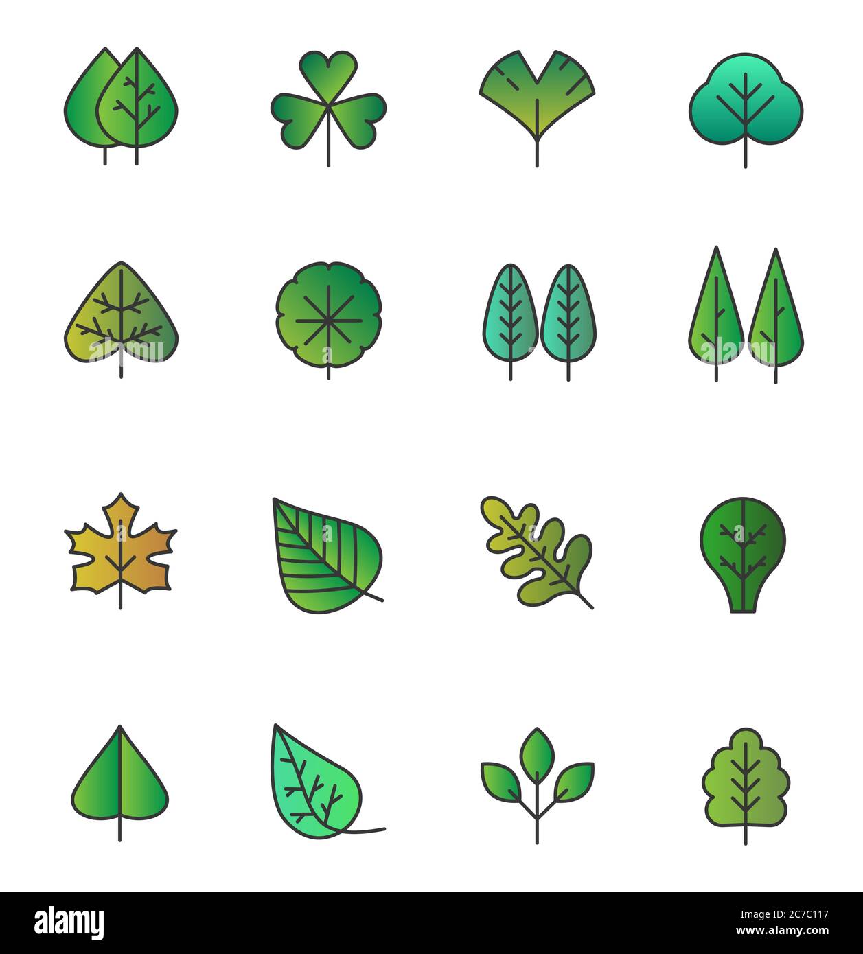 Vector Simple tree leaves icons isolated. Green yellow foliage, stylized herbs collection in ...
