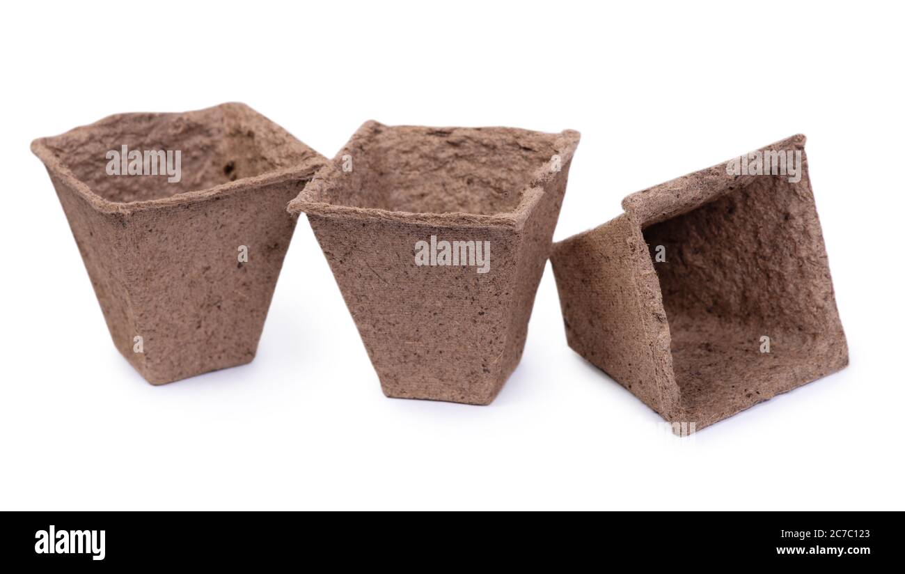 Three empty peat pots isolated on white background Stock Photo - Alamy