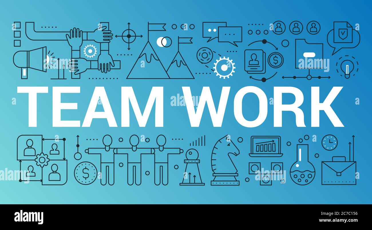 Team work word trendy composition concept banner. Outline stroke office ...