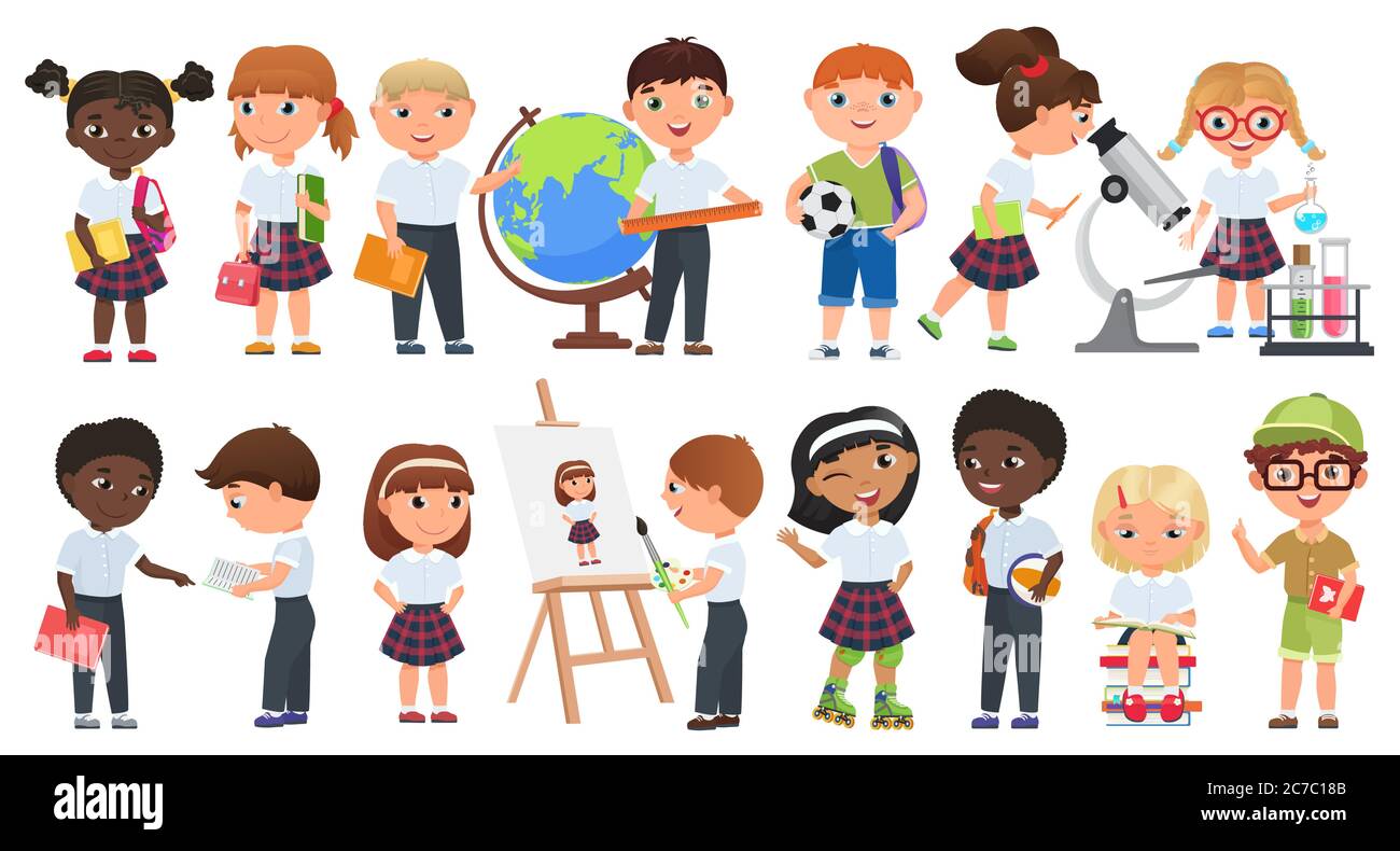 Cartoon cute kids set. School boys and girls children with books and ...