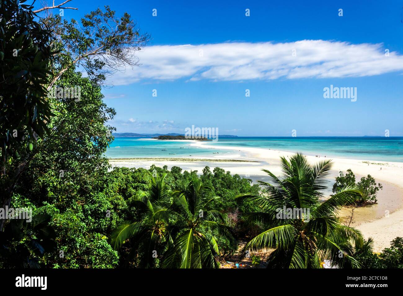 View of coastline of Iranja Island (Nosy Iranja) lined with palm trees ...