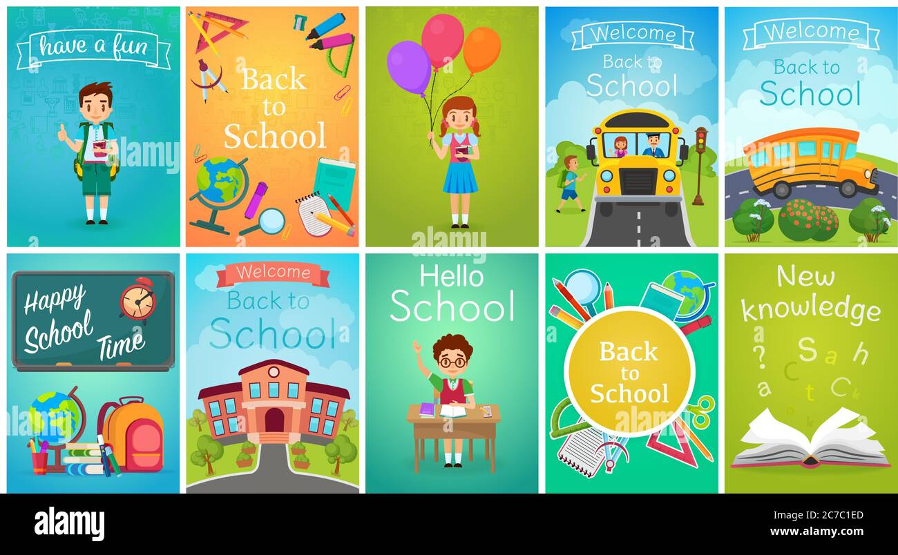Back to School card template banners set, school bus, kids, chalkboards ...