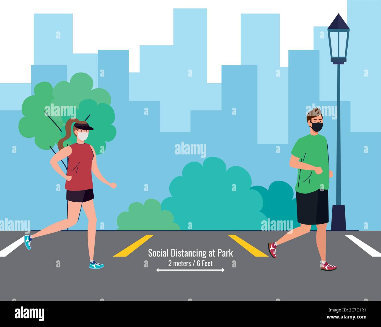 Social distancing between man and woman with masks running at park ...