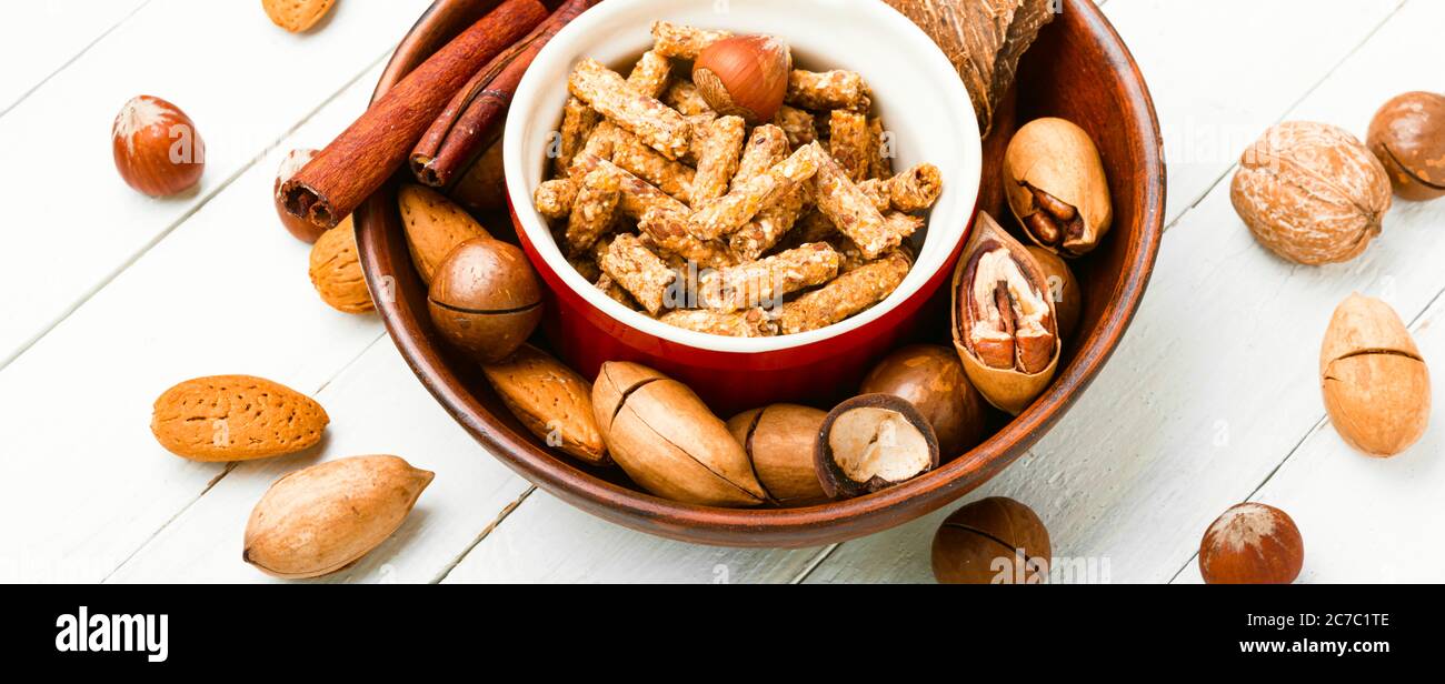 Organic morning granola breakfast with mixed nuts Stock Photo - Alamy