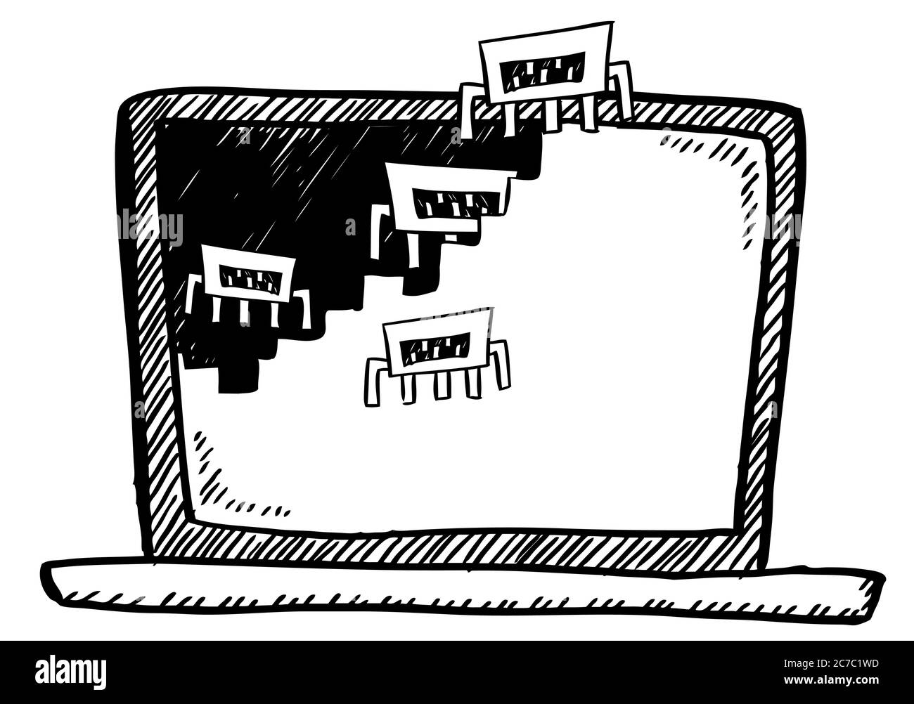 Cartoon style doodle of notebook infected by virus. Hand drawn vector ...