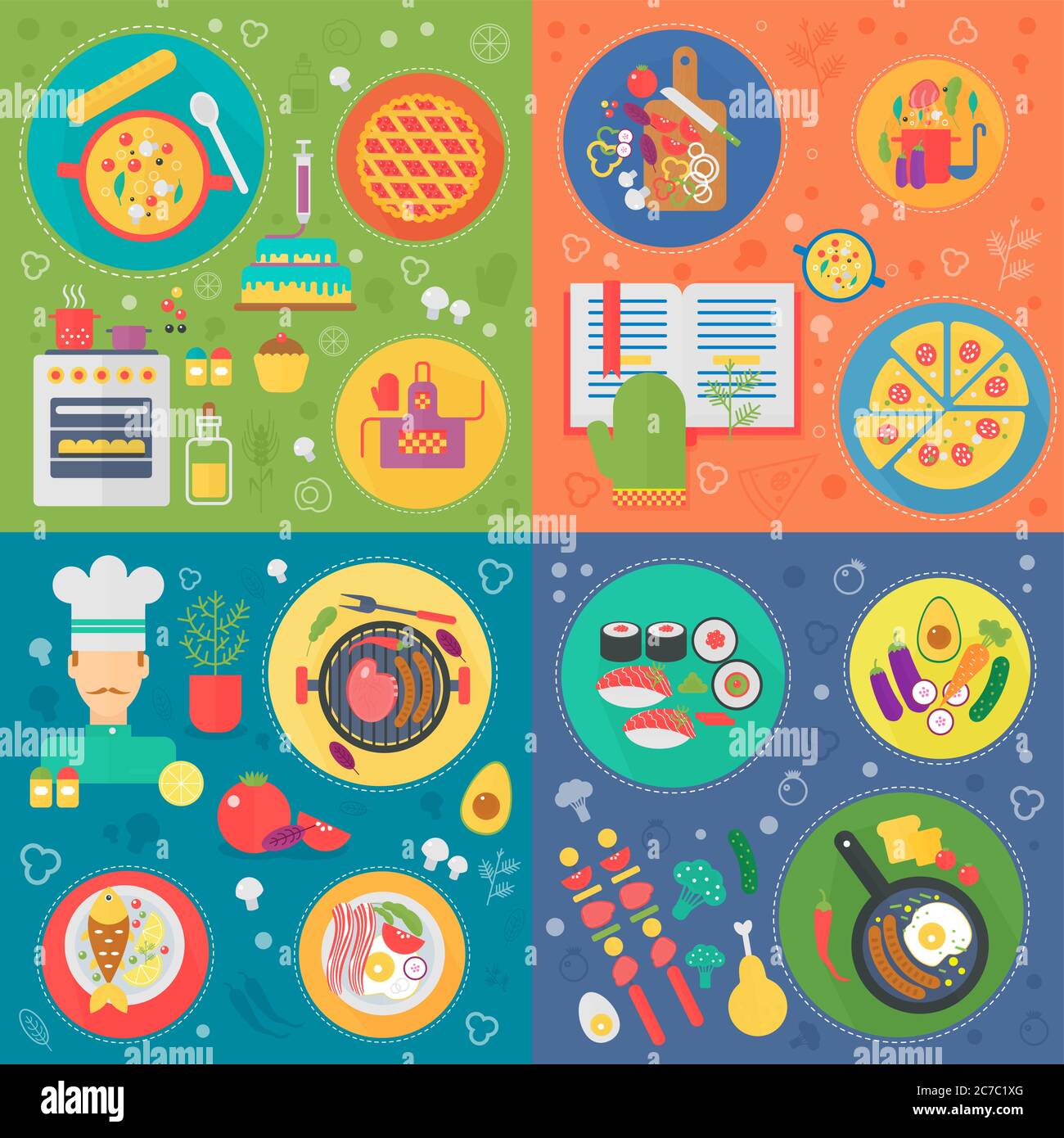 Cooking square concepts set. Cooking process, food recipes flat vector ...