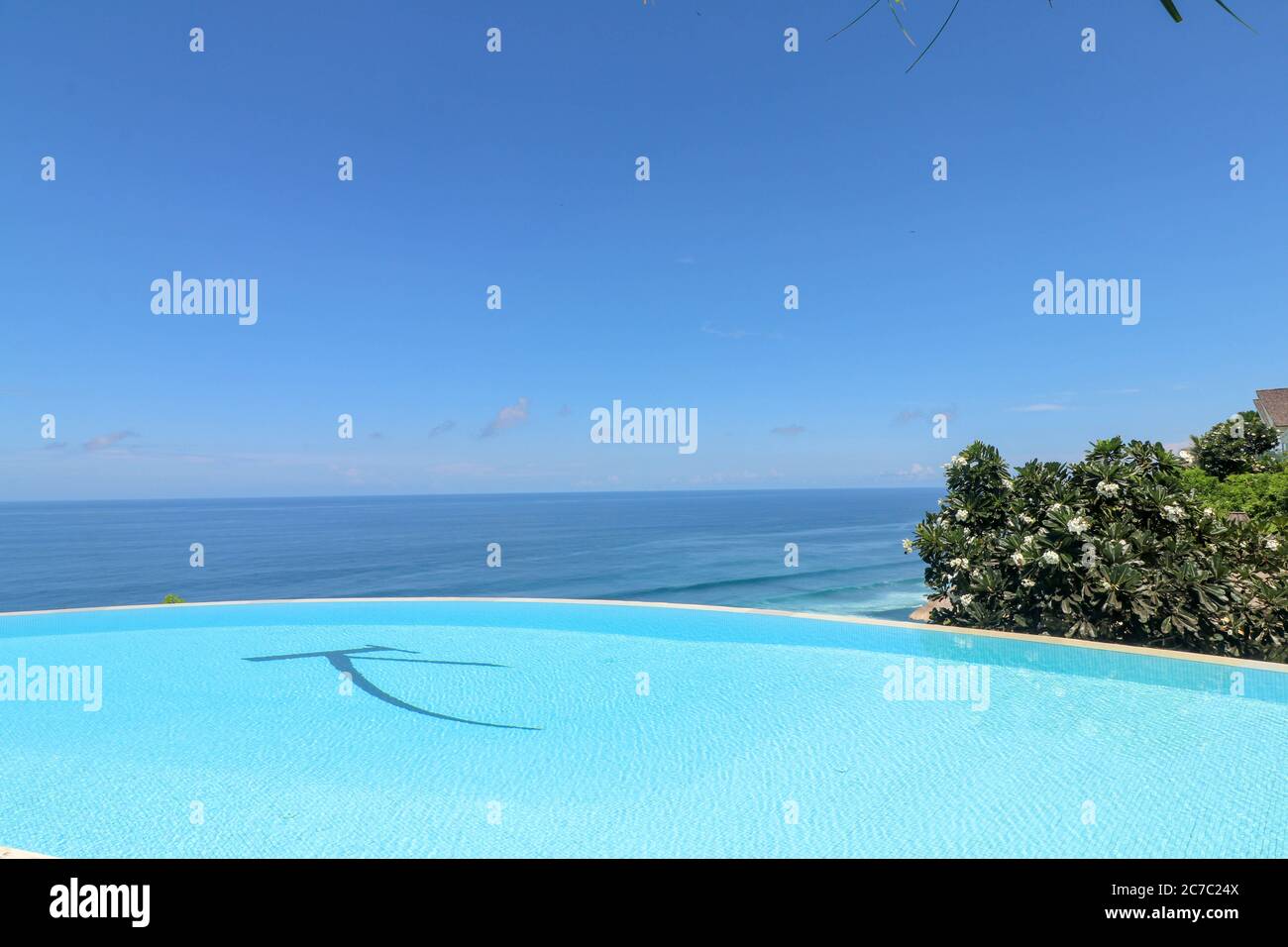 Luxury infinity pool with sea views and palm trees. Bali, Indonesia ...