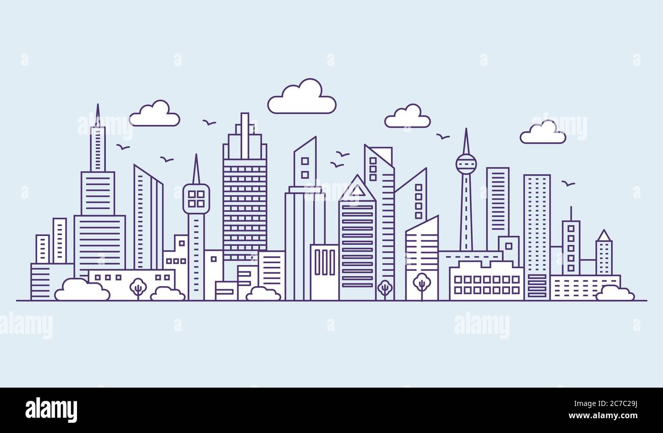 Line modern urban big city on blue background panorama. Outline ...
