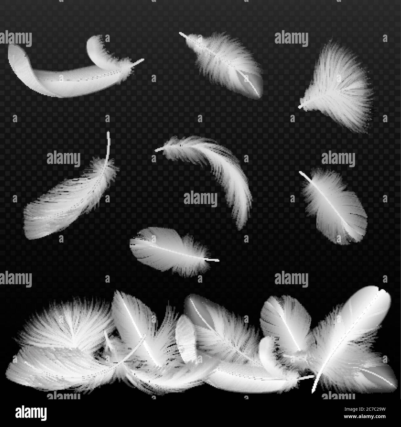Realistic white vector bird twirled feathers falling on black ...