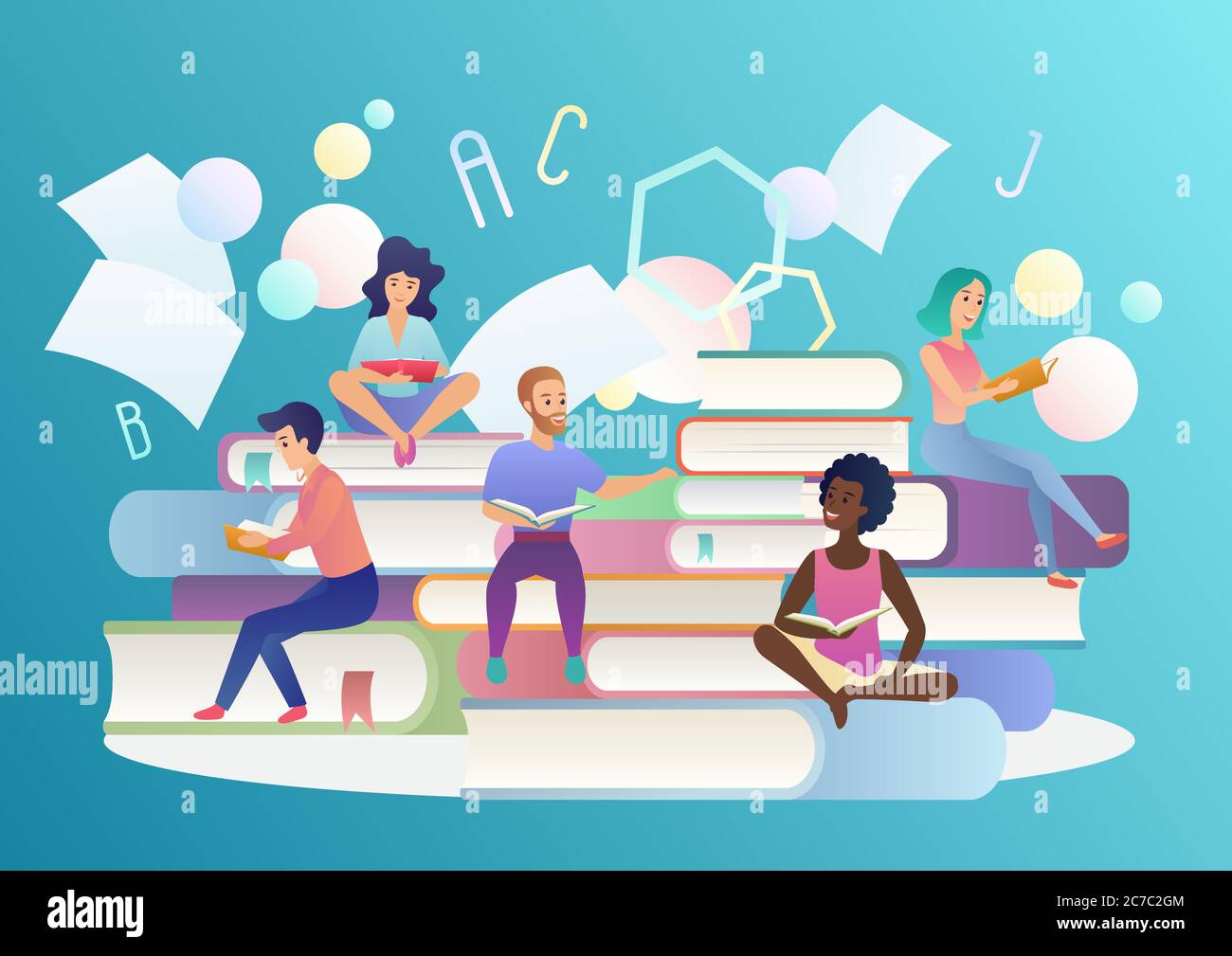 Young people readers sitting on stacks of giant books and reading ...