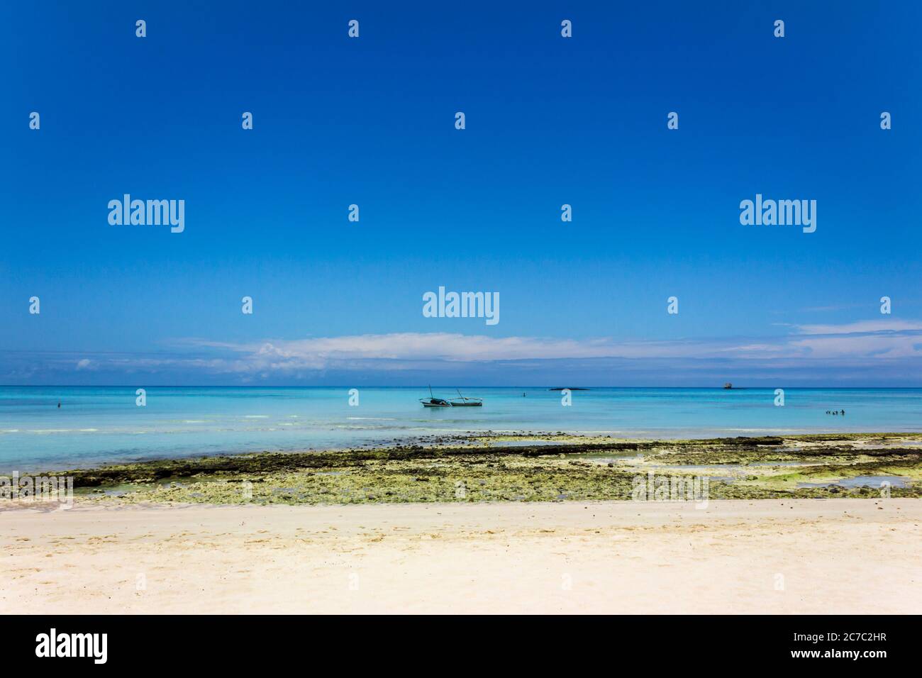 View of coastline of Iranja Island (Nosy Iranja) lined with palm trees ...
