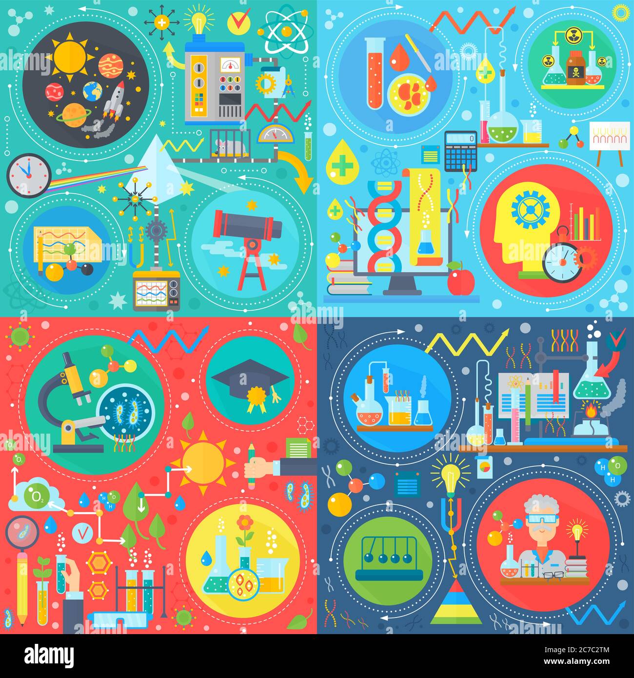 Fundamental Science square concepts set, physics, chemistry, biology ...