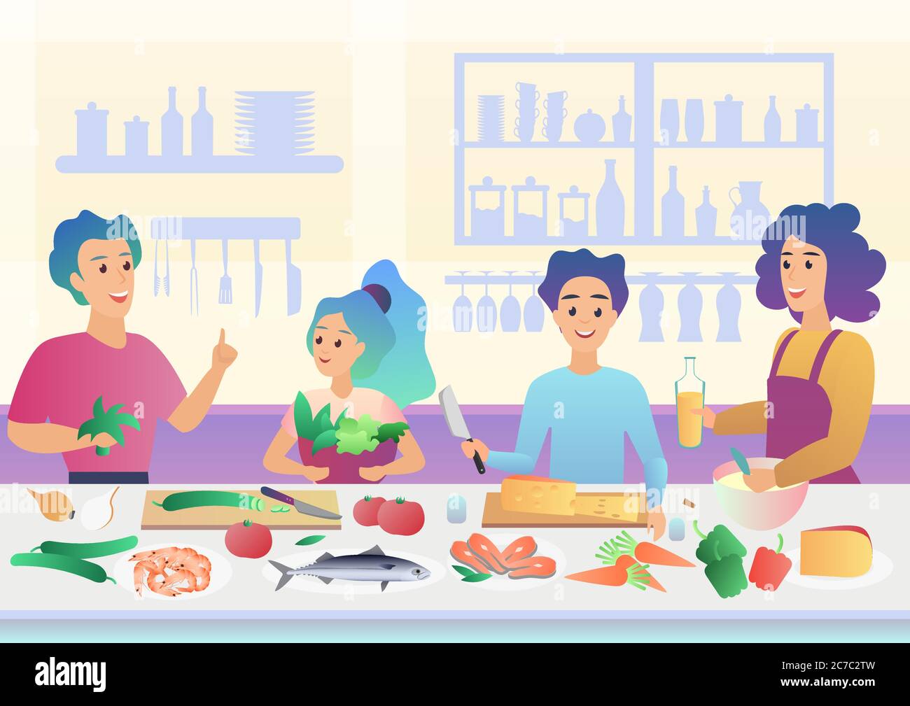 Cartoon happy family cooking. Mother and father parents with kids ...