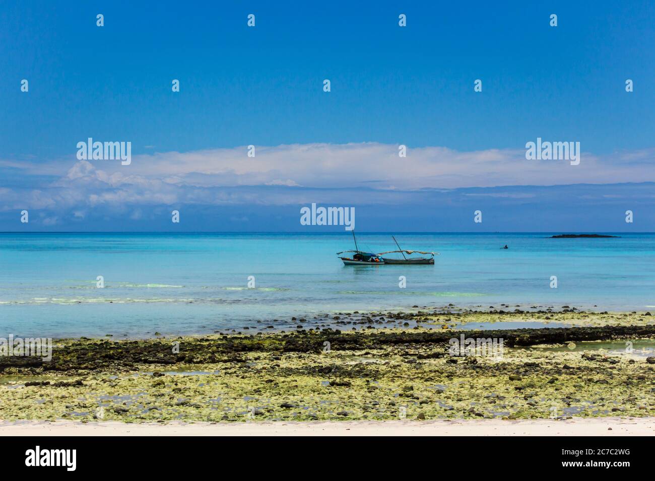 View of coastline of Iranja Island (Nosy Iranja) lined with palm trees ...