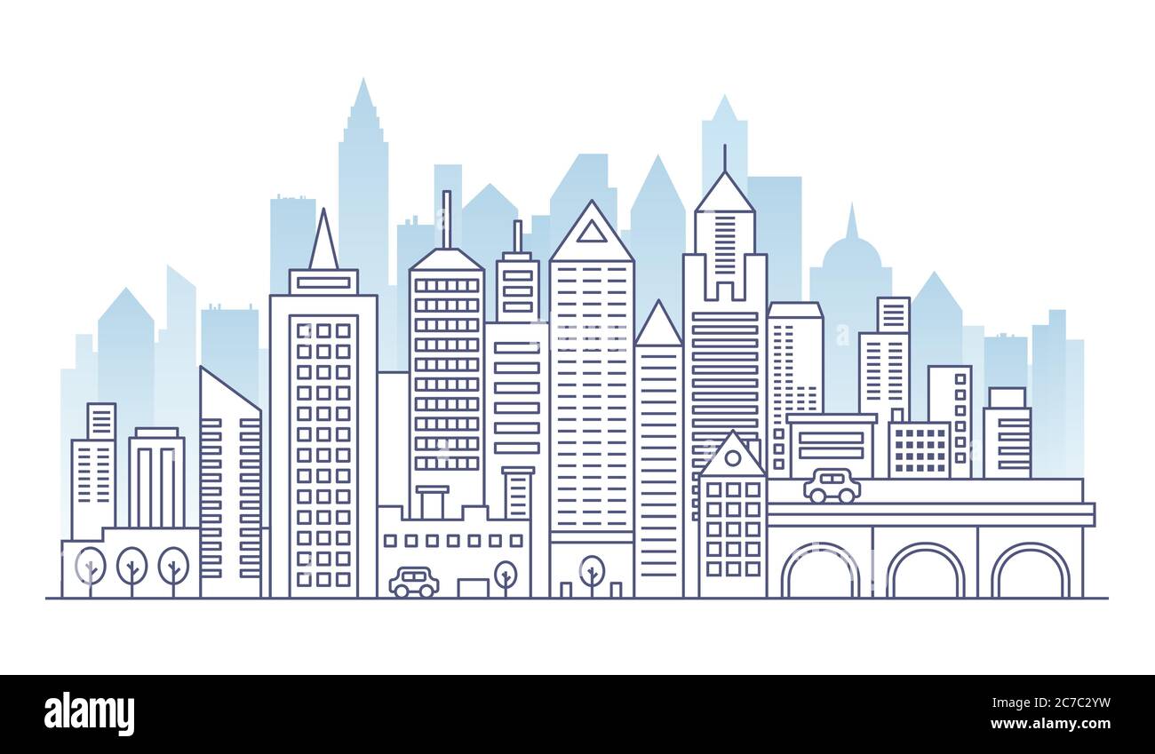 City landscape line panorama template with flat color high skyscrapers ...