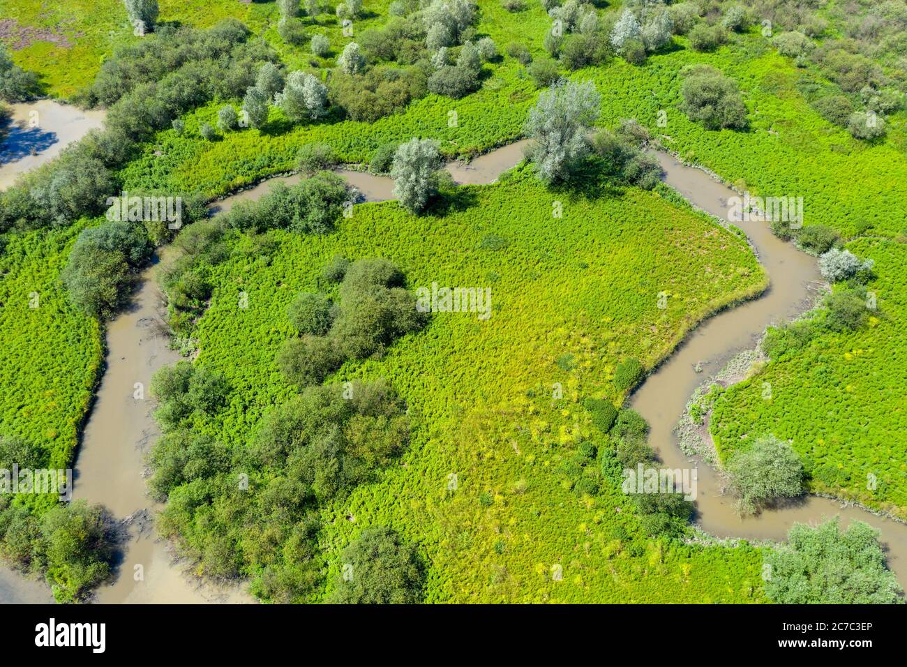 Aerial view of the Sutla (Sotla) River, a border of Croatia and ...