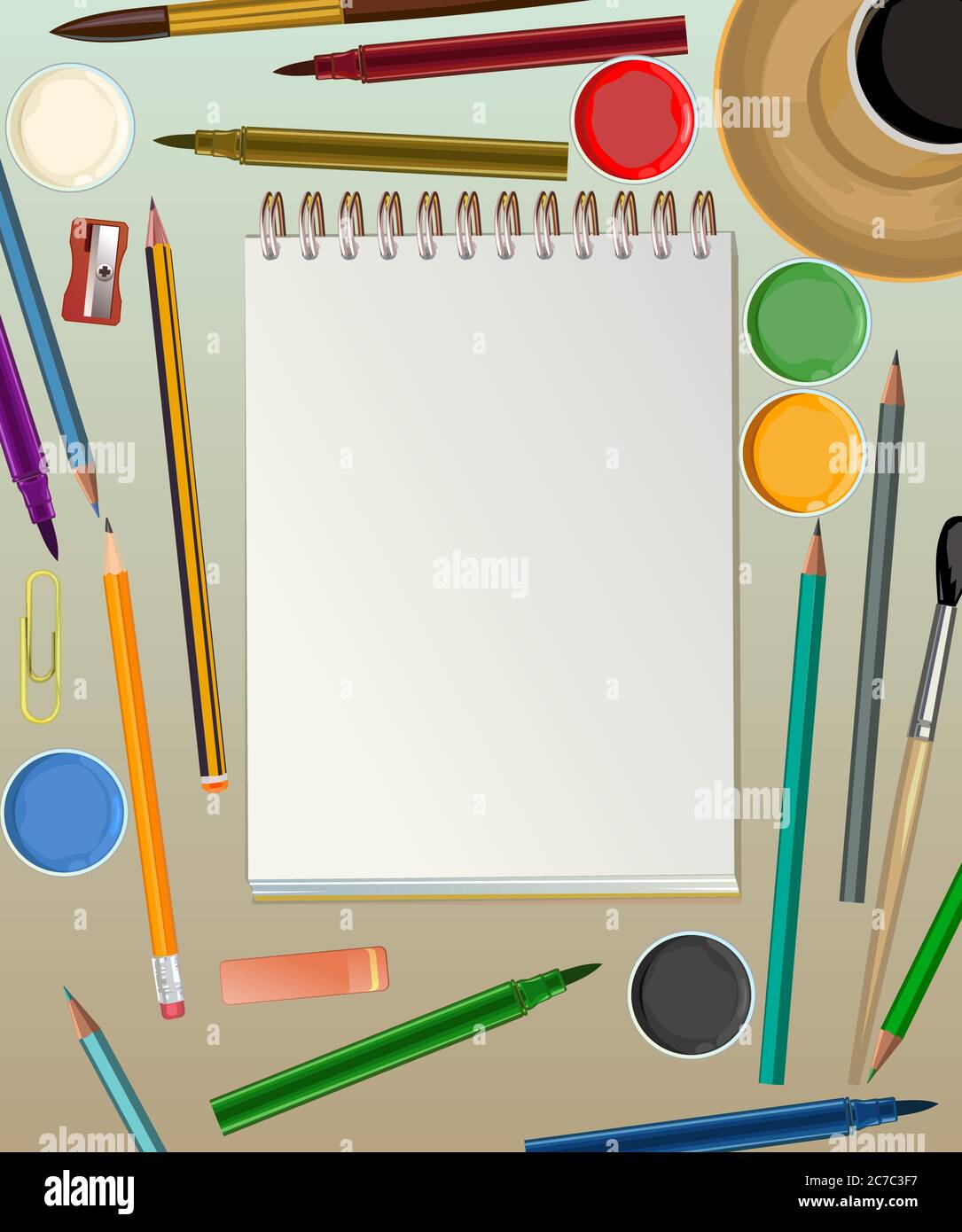 Artist's desk. Vector. Workspace of the artist. View from above. For ...