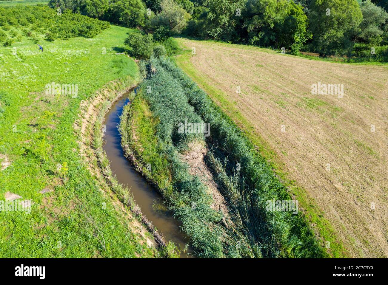 Aerial view of the Sutla (Sotla) River, a border of Croatia and ...