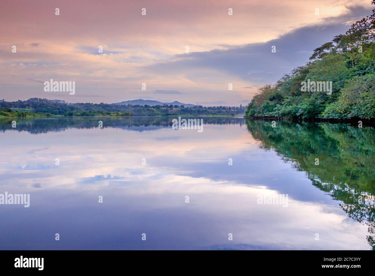 Sunset view of the Victoria Nile river, with trees growing and the ...