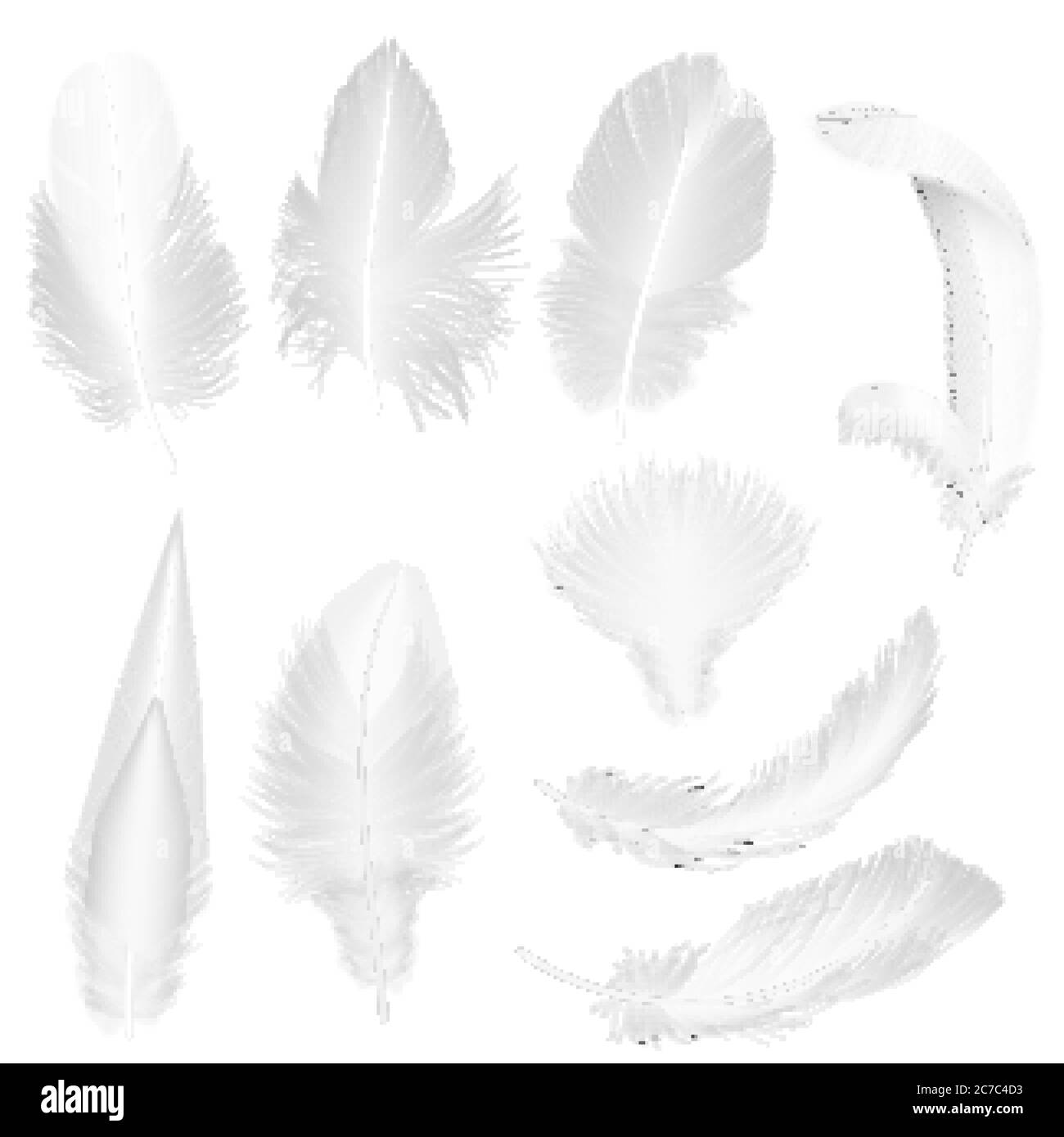 Realistic soft white feathers isolated on white vector illustration ...