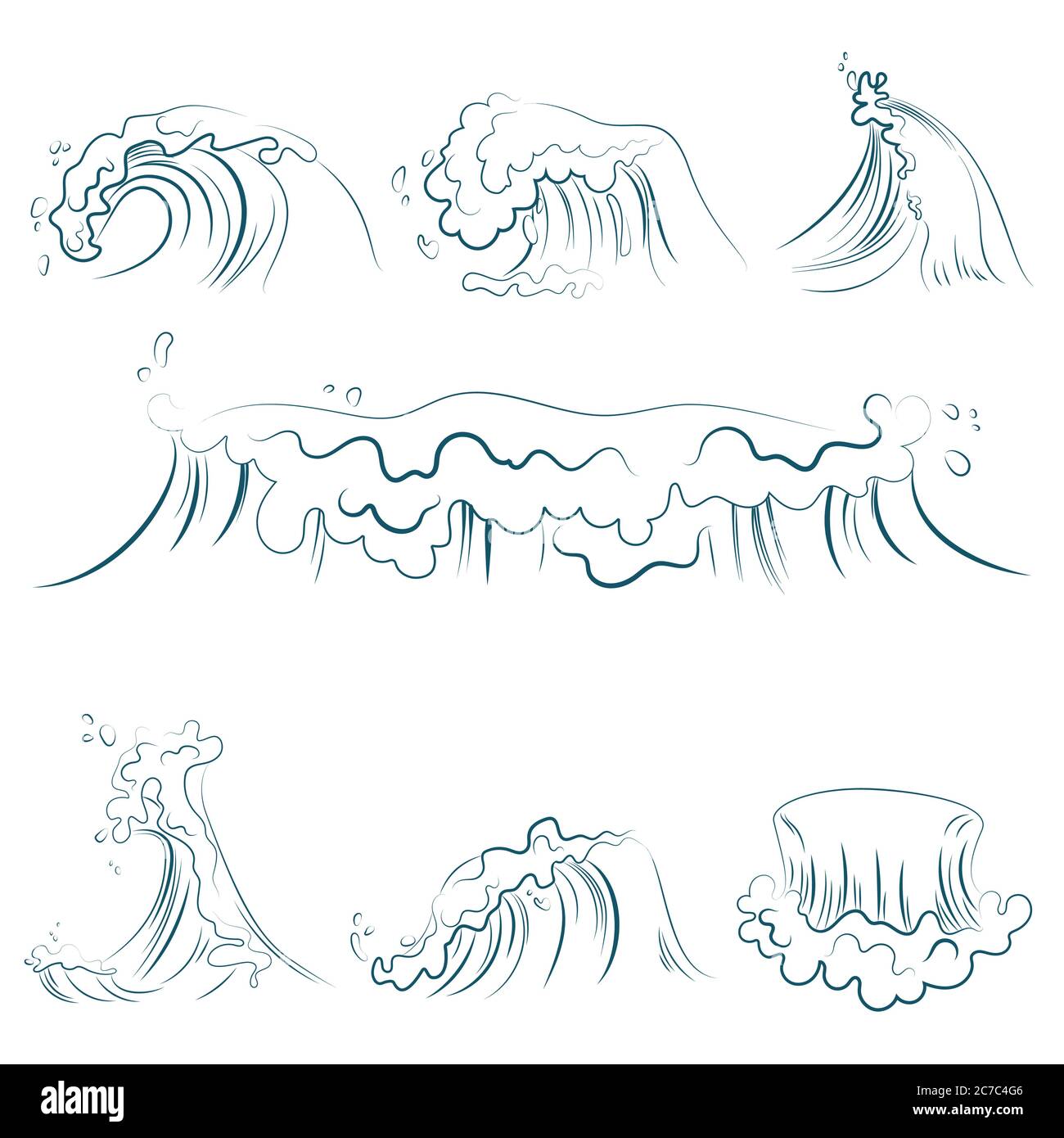 Hand drawn volumetric blue line sea waves vector set. Ocean storm wave ...