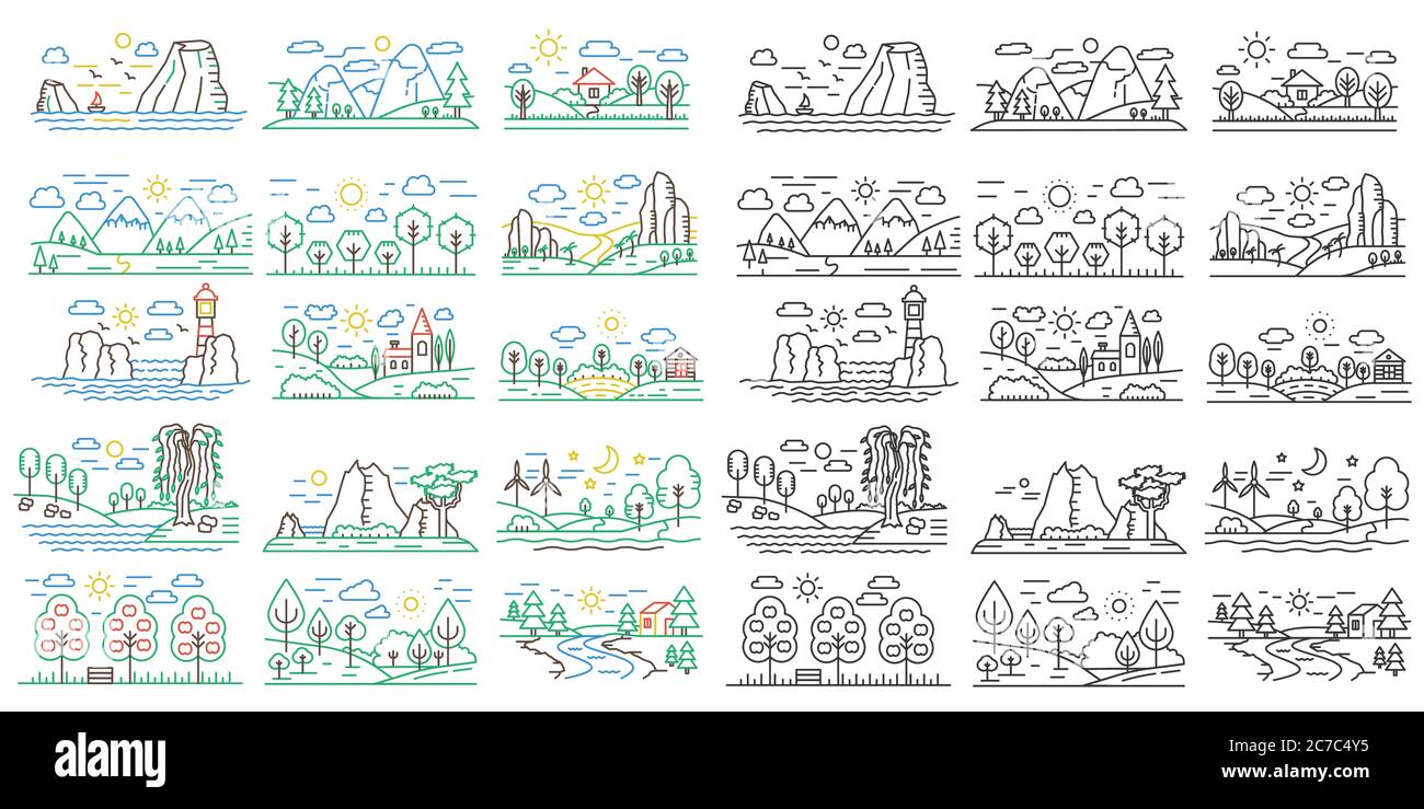 Nature line icon mini landscapes with mountains, fields and rivers ...